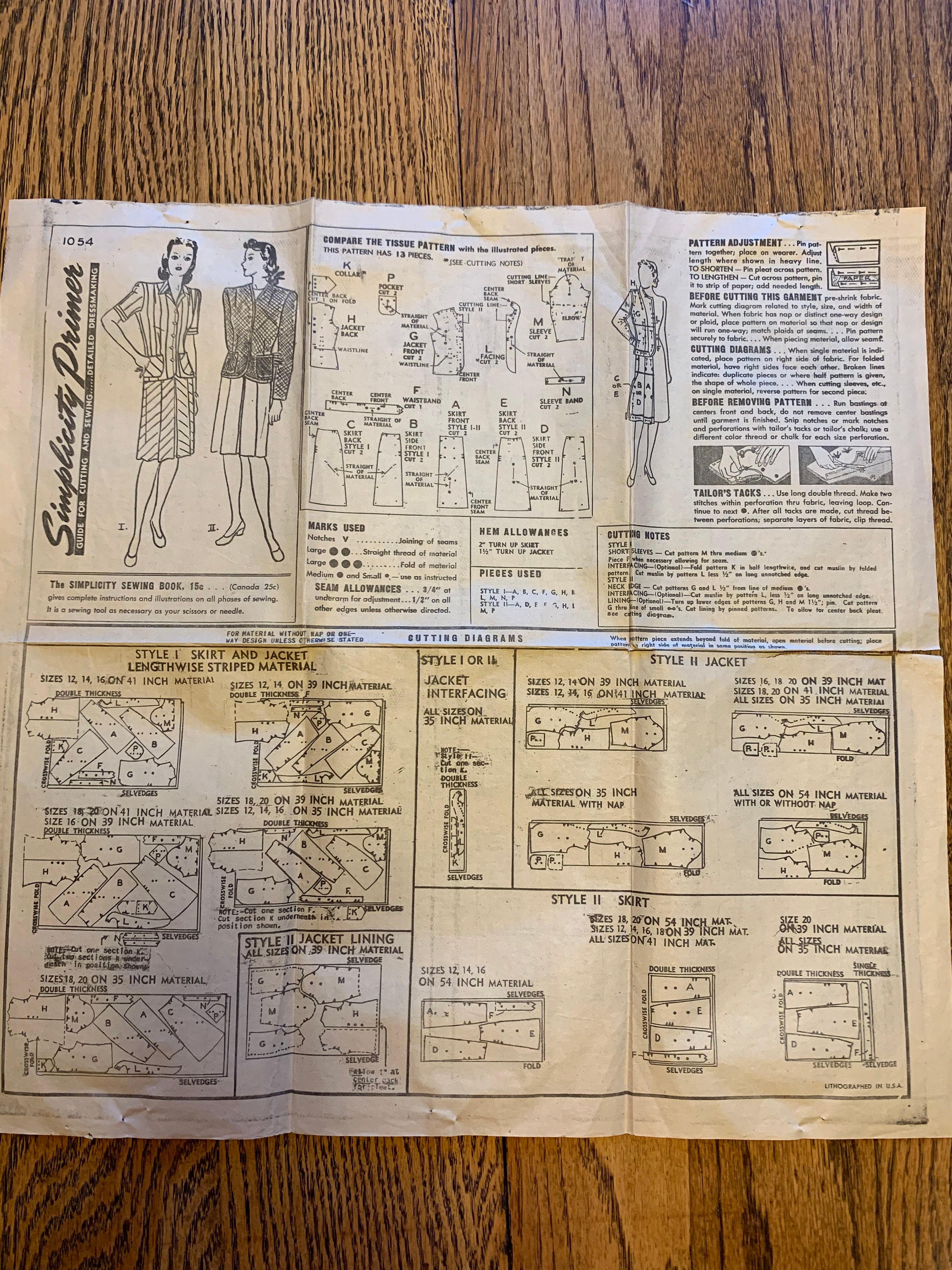 1940's 2pc Suit Pattern, Simplicity 1054 Original Sewing Pattern - Etsy.de