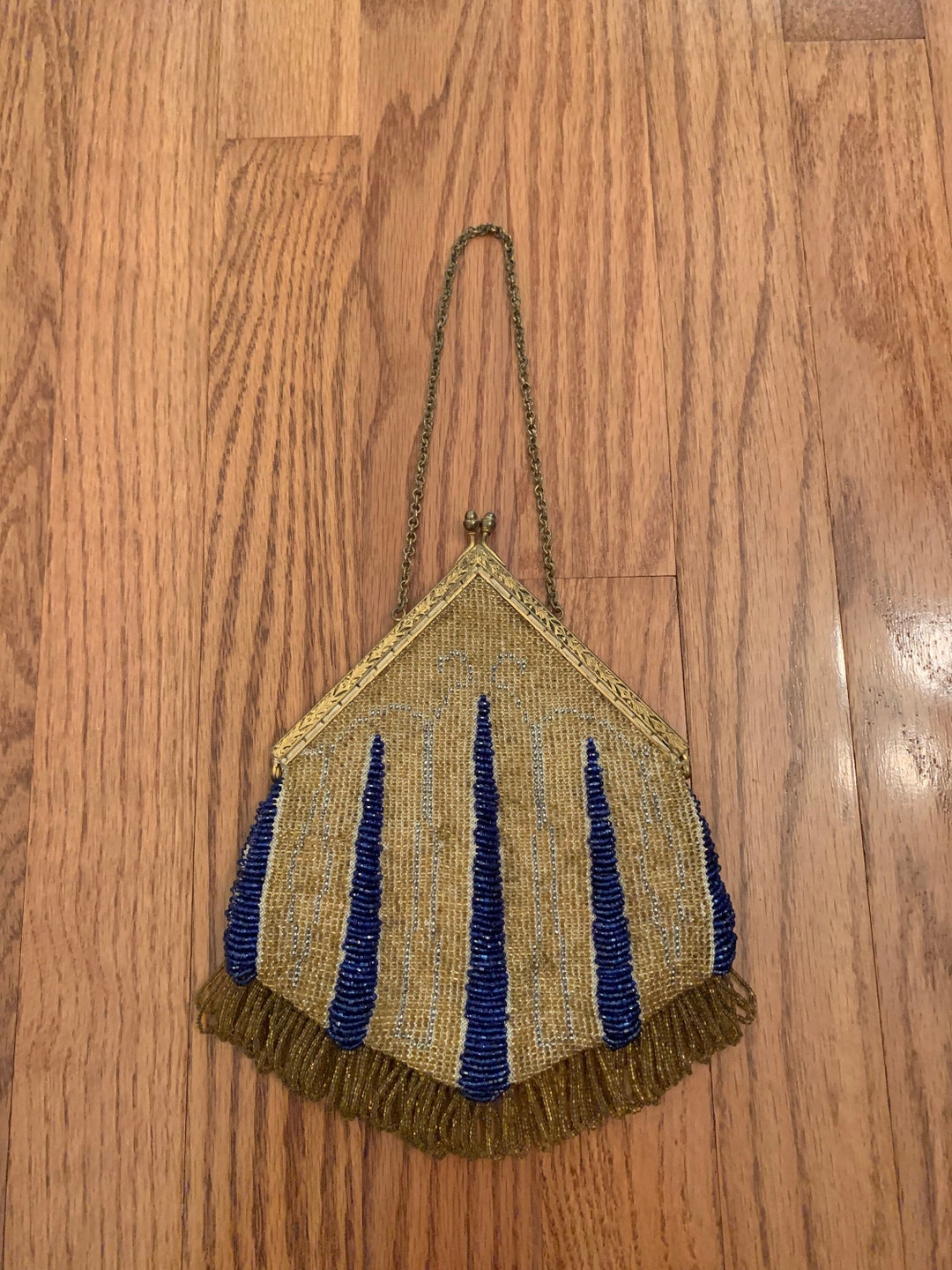 1920's Micro Beaded Fringed Handbag Gold, Blue & Silver, Ornate Metal ...