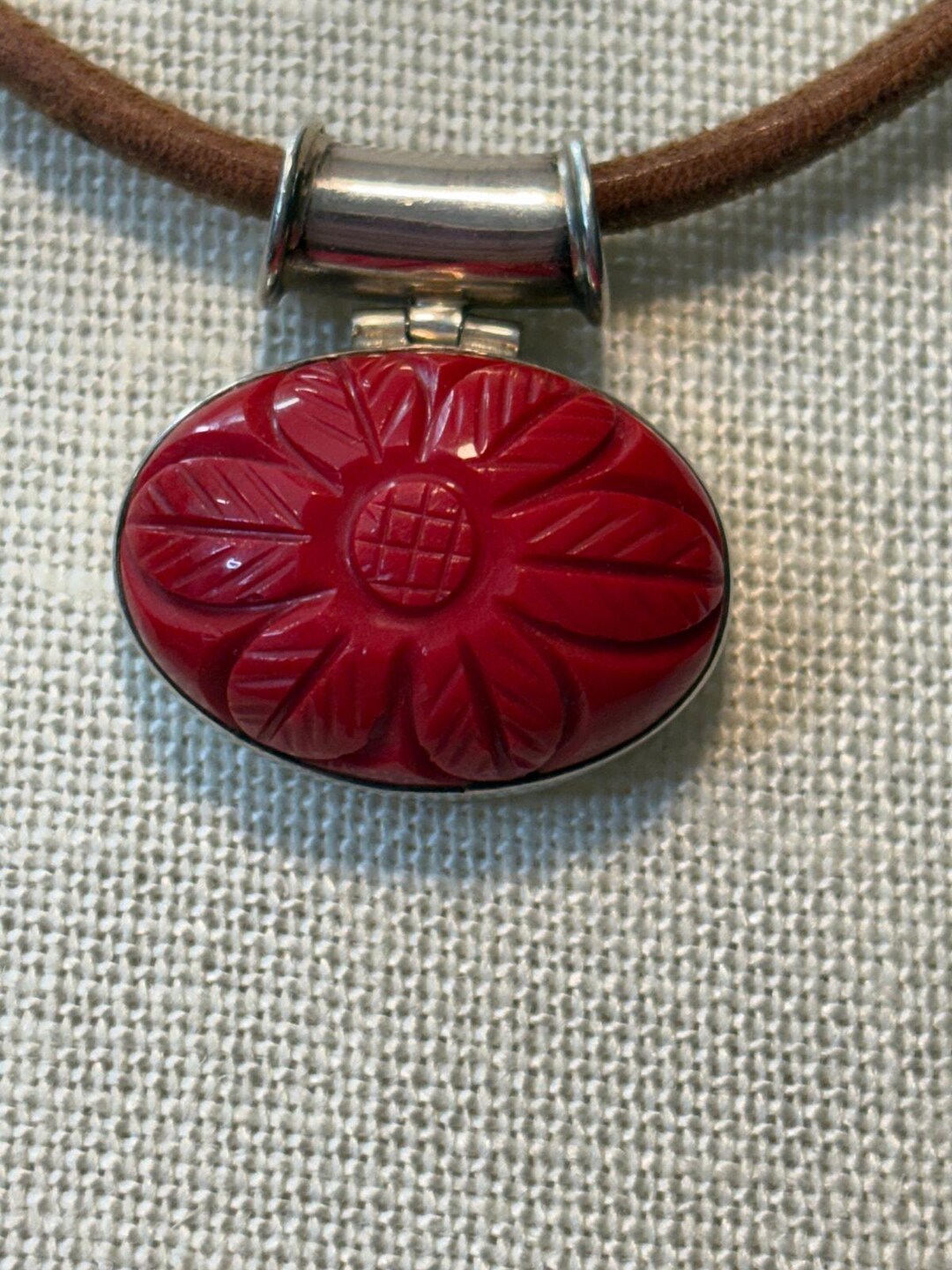 Sterling Silver Cinnabar Pendant Necklace on Leather Cord Carved Floral ...