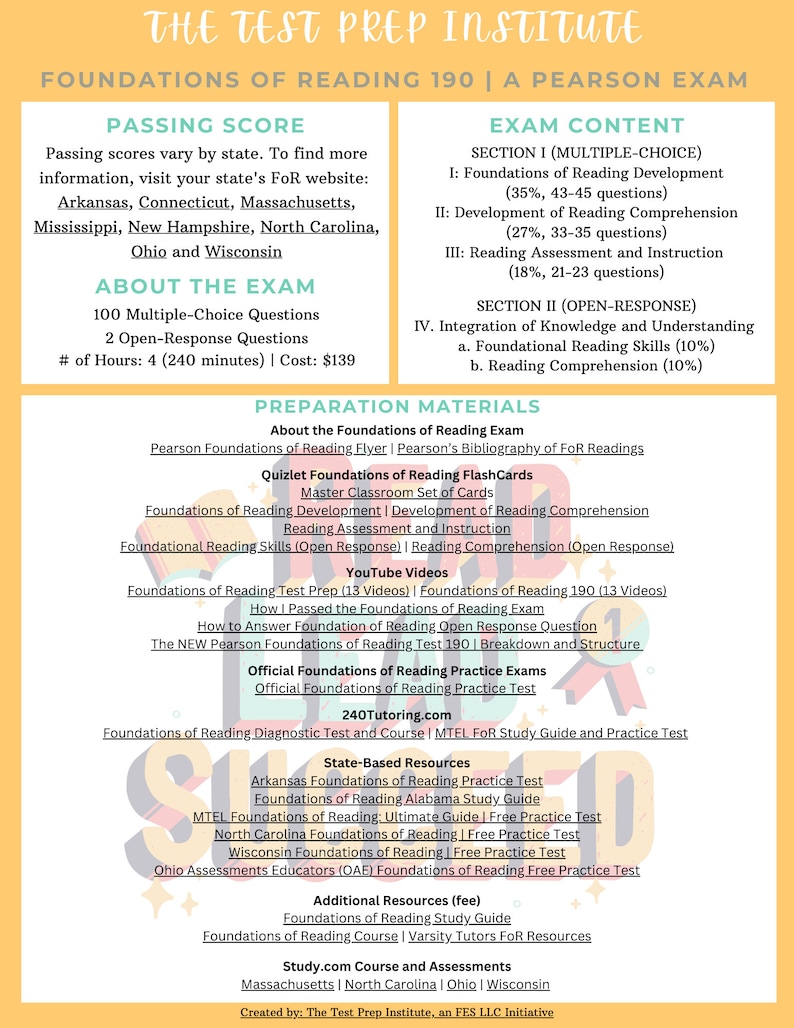 Foundations of Reading (090, 190) | Resource Guide - Etsy