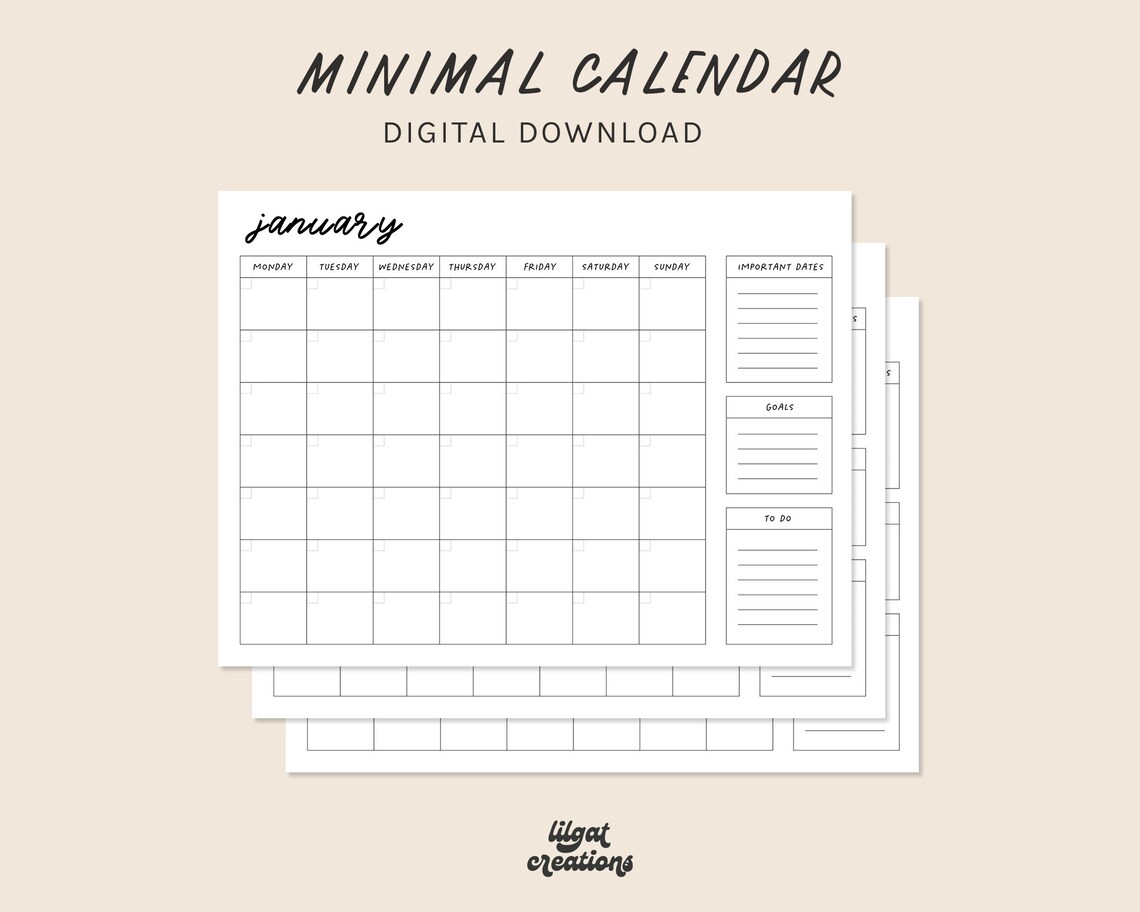 Minimal Monthly Calendar Printable Instant Download Monthly - Etsy