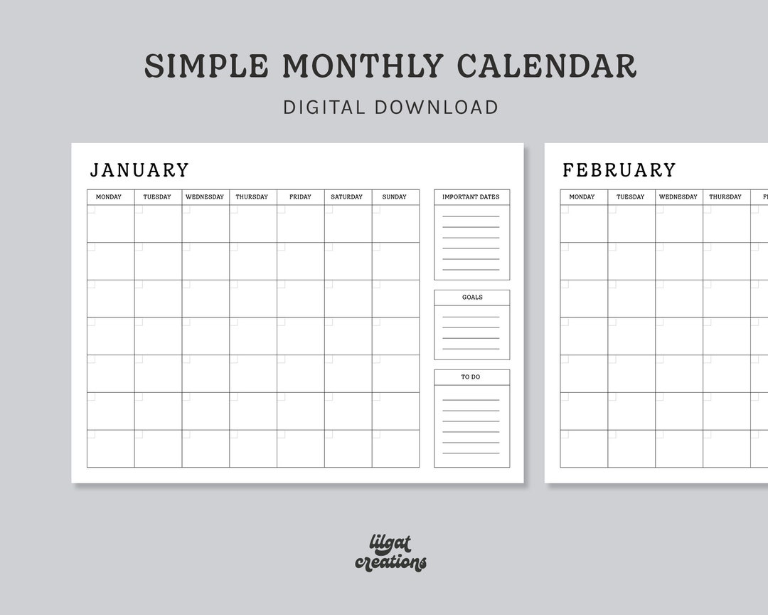 Simple Monthly Calendar Printable, Instant Download, Monthly Planner ...