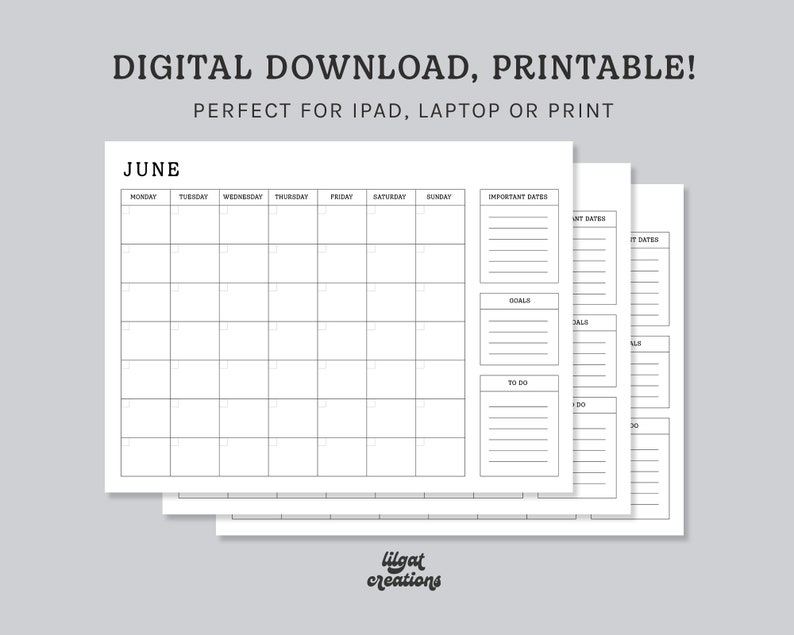 Simple Monthly Calendar Printable, Instant Download, Monthly Planner ...