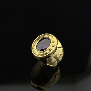 Personalized 18K Gold Bishop Ring With Cross & Gemstone – Custom Name ...