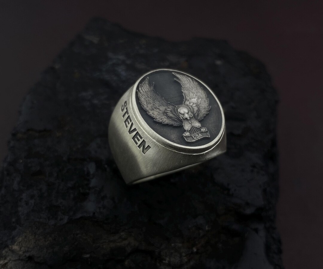 Custom 3D Engraved Eagle Ring, Personalized Signet Ring, Sterling ...