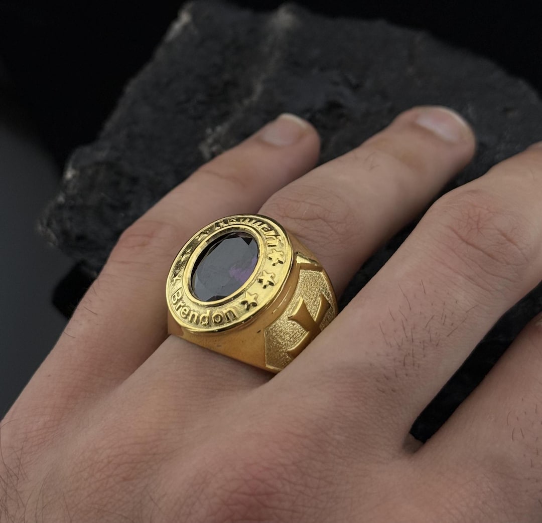 Personalized 18K Gold Bishop Ring With Cross & Gemstone – Custom Name ...