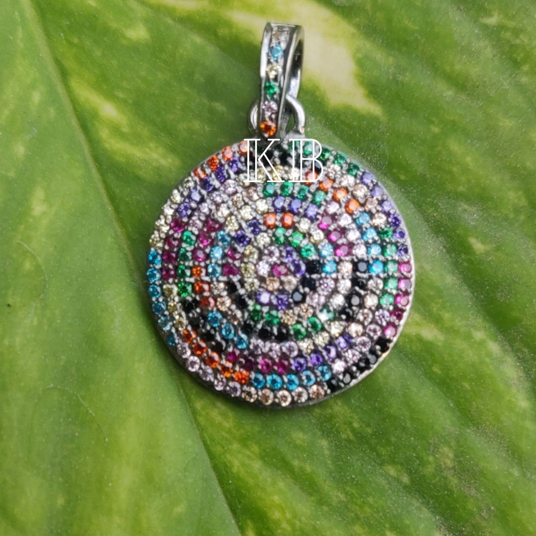 Multicolor Diamond Pave Disc Pendant: Sterling Silver Round Pendant - Etsy