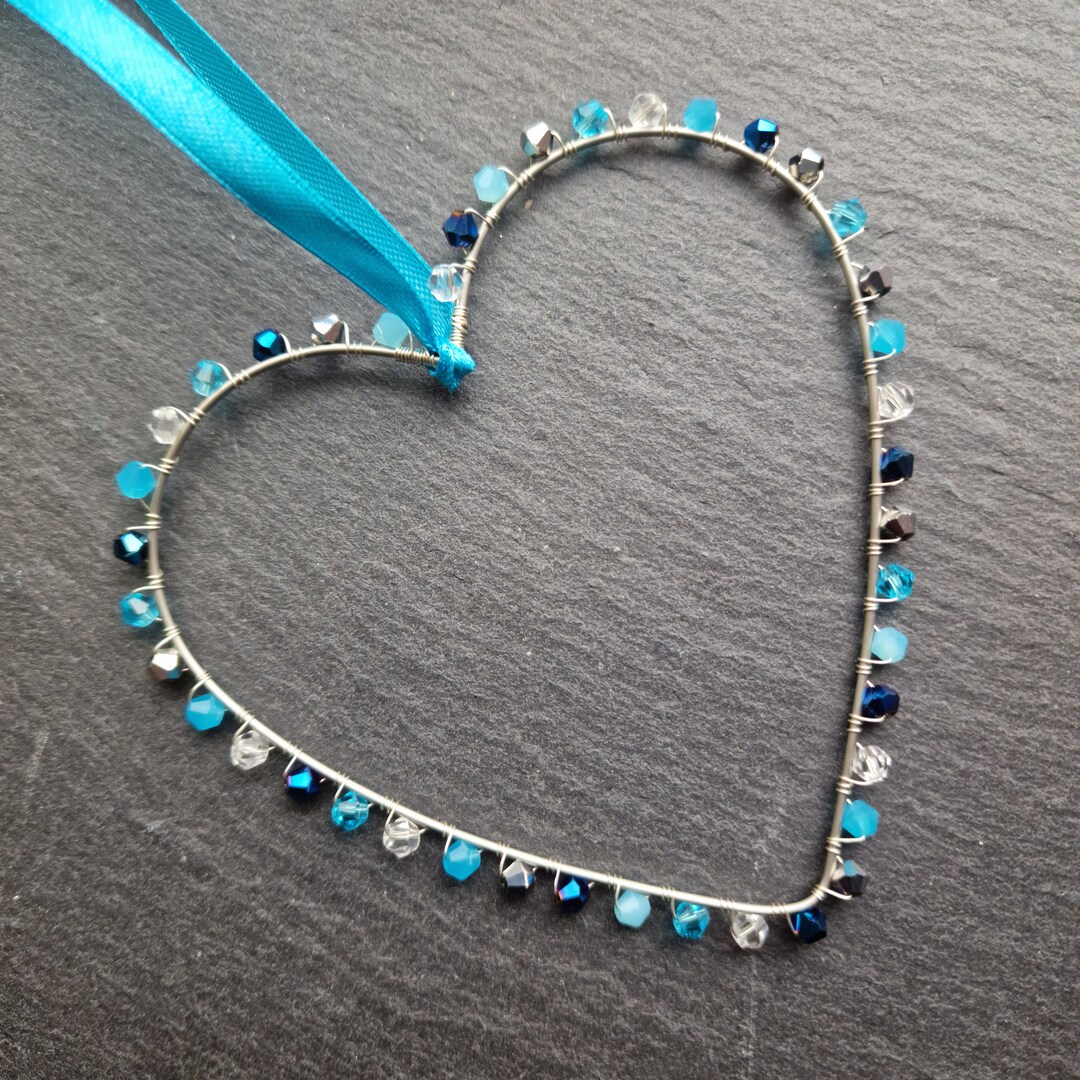 Blue Beaded Heart Decoration - Unique Handmade Gift, Keepsake, Home ...