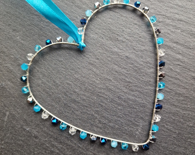 Blue Beaded Heart Decoration - Unique Handmade Gift, Keepsake, Home ...
