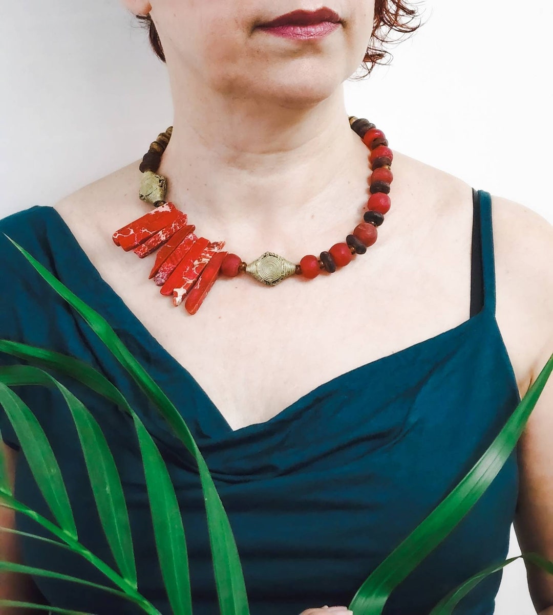 Red Jasper Stick Statement Necklace, Tribal Talisman Jewelry, Boho ...