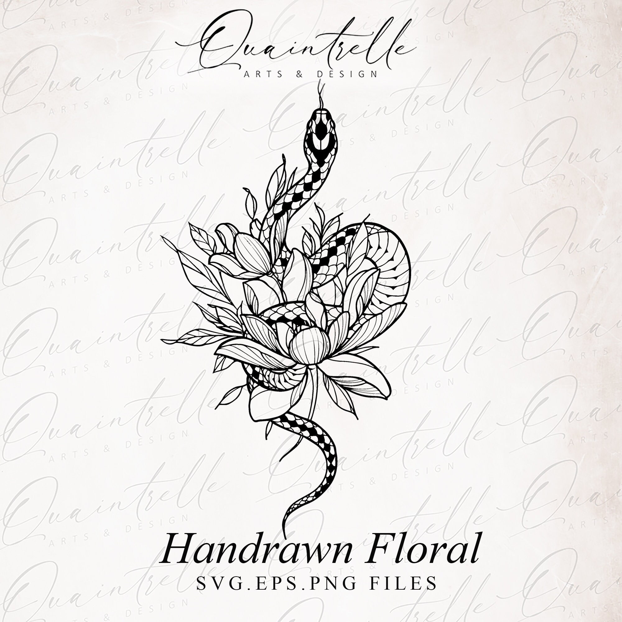 High Quality Hand Drawn Floral and Snake / Lotus and Snake Design ...