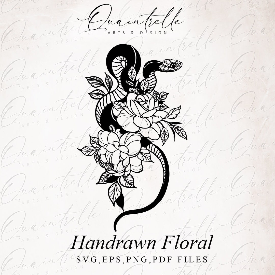 Hand Drawn Floral and Snake | Rose | Peony | Snake Illustration | Rose ...