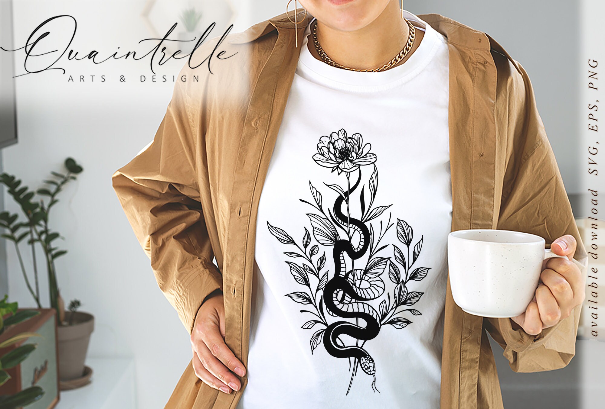 Anemone and Snake Illustration SVG PNG Floral and Snake Art Digital Download Clipart Silhouette ...