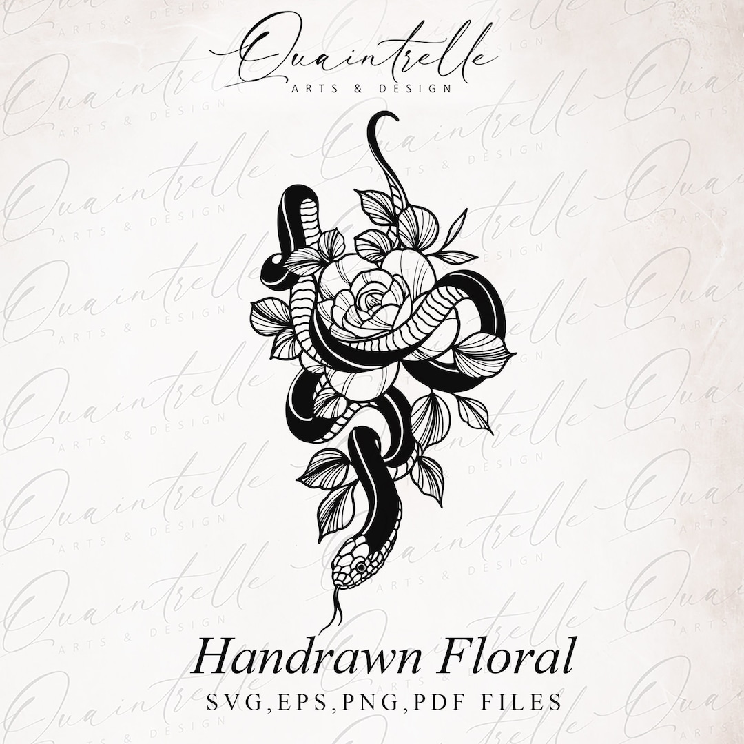 Hand Drawn Floral Snake and Rose | Rose Silhouette | Flower Snake ...
