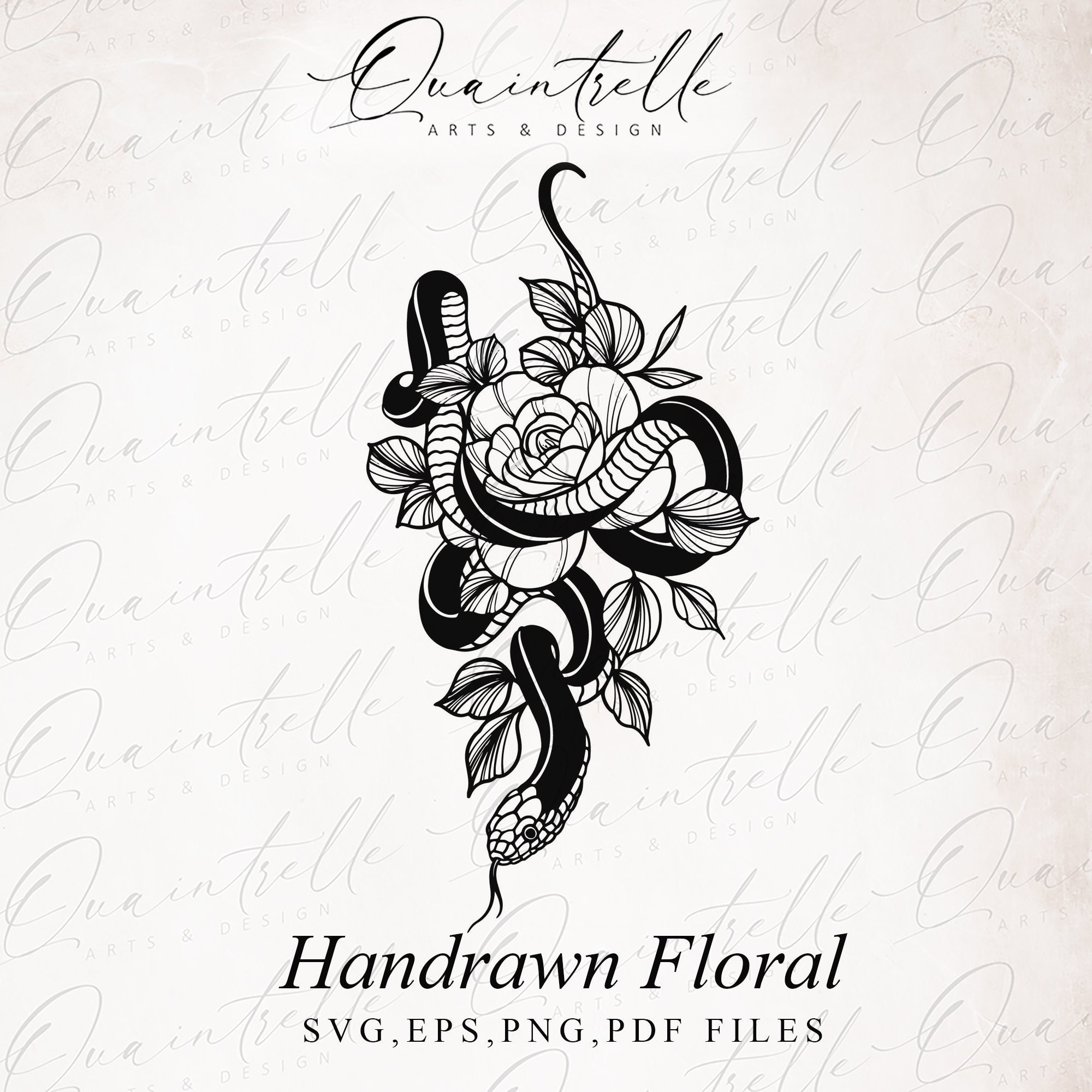 Hand Drawn Floral Snake and Rose | Rose Silhouette | Flower Snake ...
