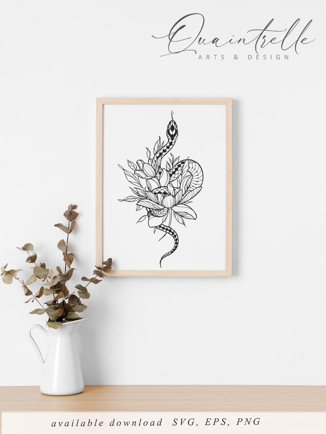 High Quality Hand Drawn Floral and Snake / Lotus and Snake Design ...