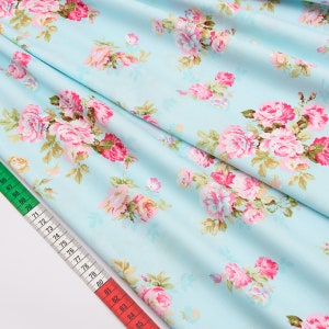 Floral fabric pink roses on light beige and on blue. 100% | Etsy