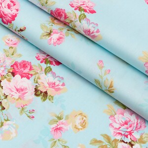 Floral fabric pink roses on light beige and on blue. 100% | Etsy