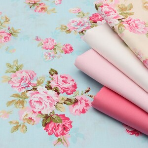 Floral fabric pink roses on light beige and on blue. 100% | Etsy