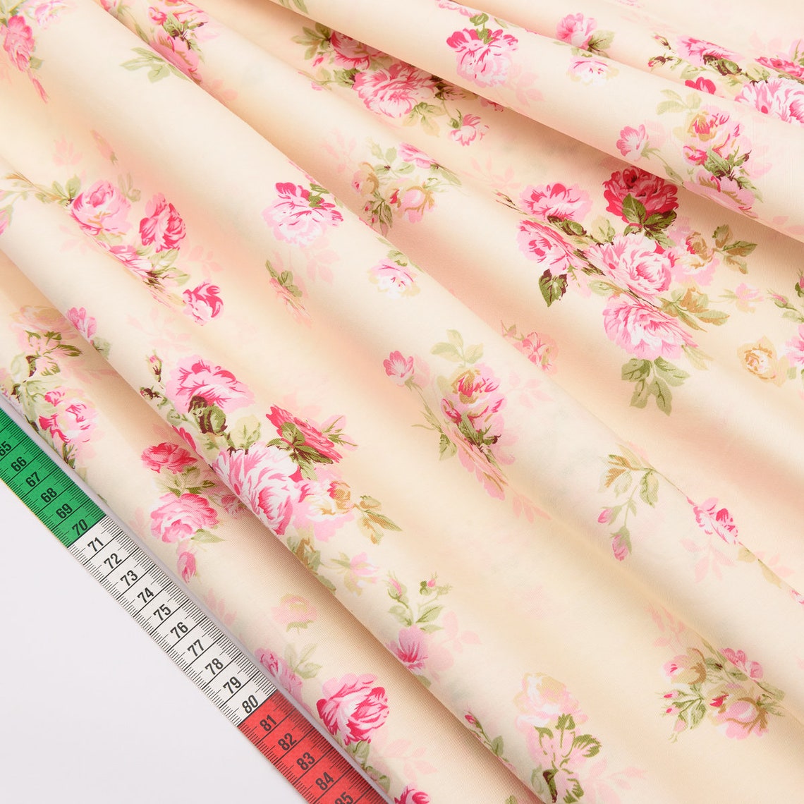 Floral fabric pink roses on light beige and on blue. 100% | Etsy