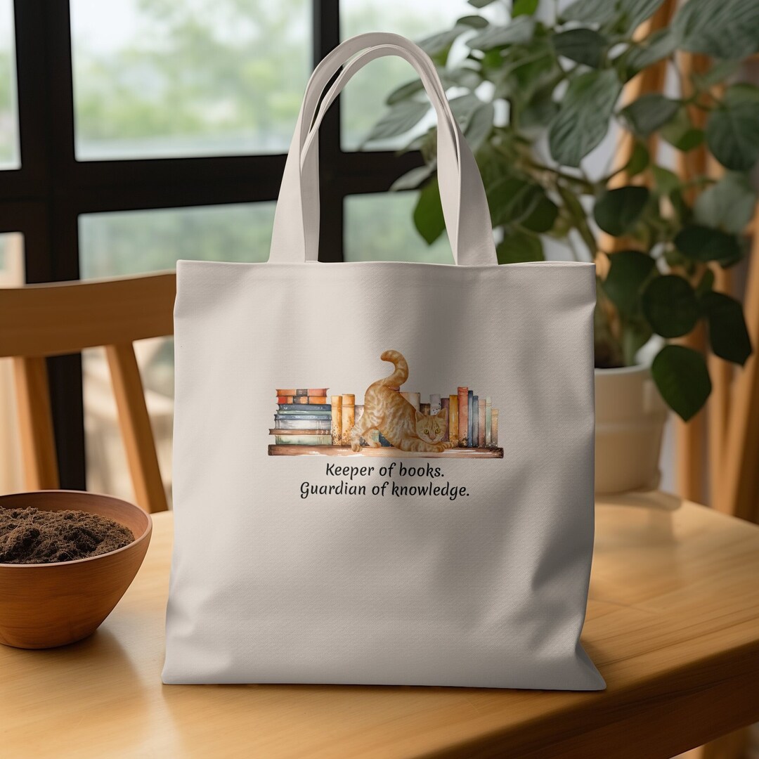 Cat Lover Tote Bag, Watercolor Bookshelf Kitty, Guardian of Knowledge, Literary Gift, Bookworm ...