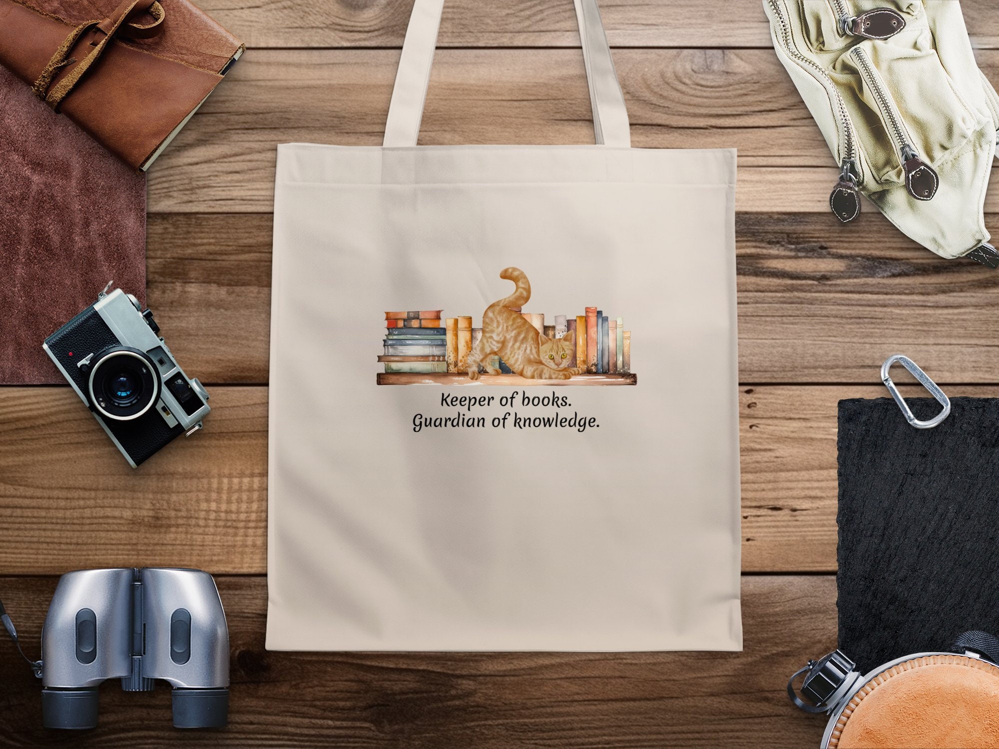 Cat Lover Tote Bag, Watercolor Bookshelf Kitty, Guardian of Knowledge, Literary Gift, Bookworm ...