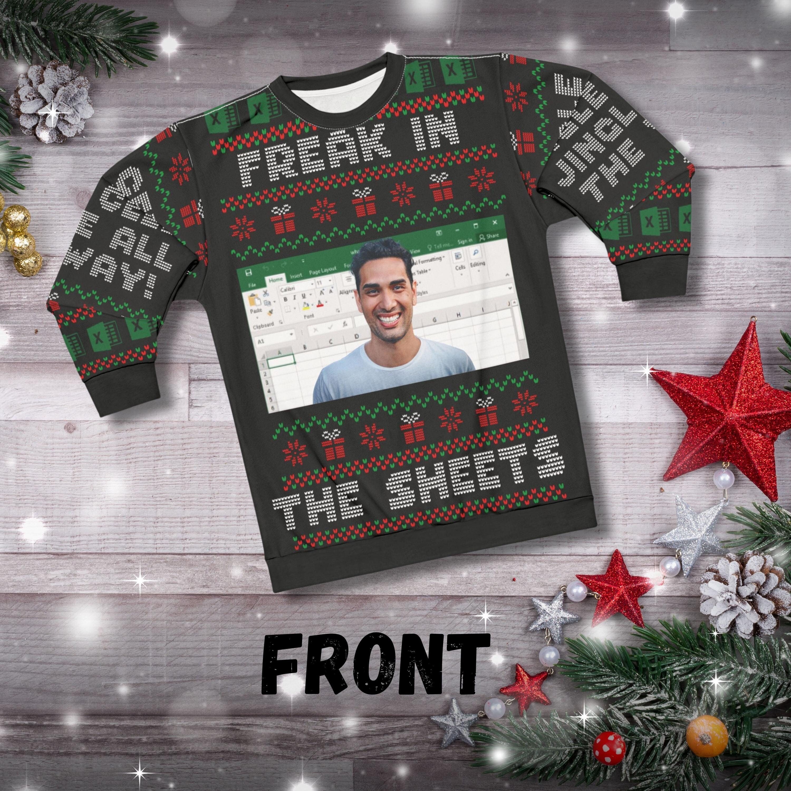 Custom Excel Freak In The Sheets All Over Photo Print Ugly Christmas Sweater Fun Spreadsheet