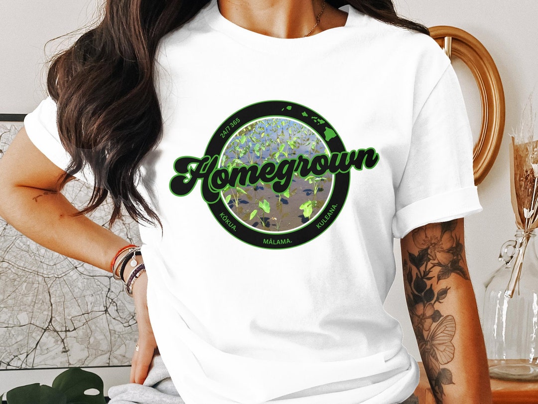 Hawaii Homegrown Logo T-shirt, Earthy Green Lo'i Kalo Plant Patch Design, Sustainable Hawaii ...