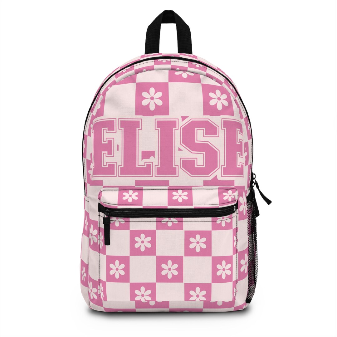 Custom Checkered Name Laptop Backpack, School Bag, Retro Pink Floral ...