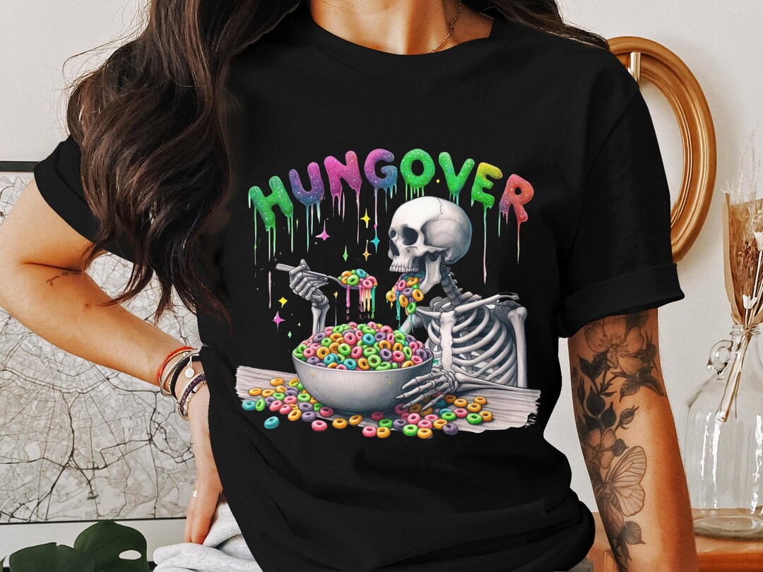 Funny Skeleton Cartoon Shirt, Hungover Skeleton Eating Cereal Funny ...