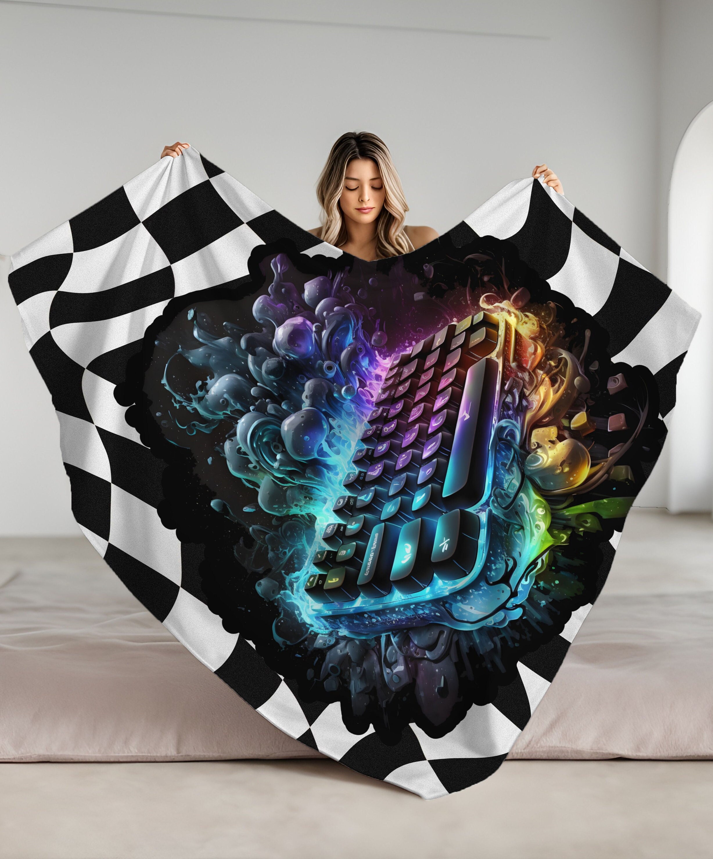 Checkered Smoking Keyboard Gamer Blanket, Epic Psychedelic Game Throw ...