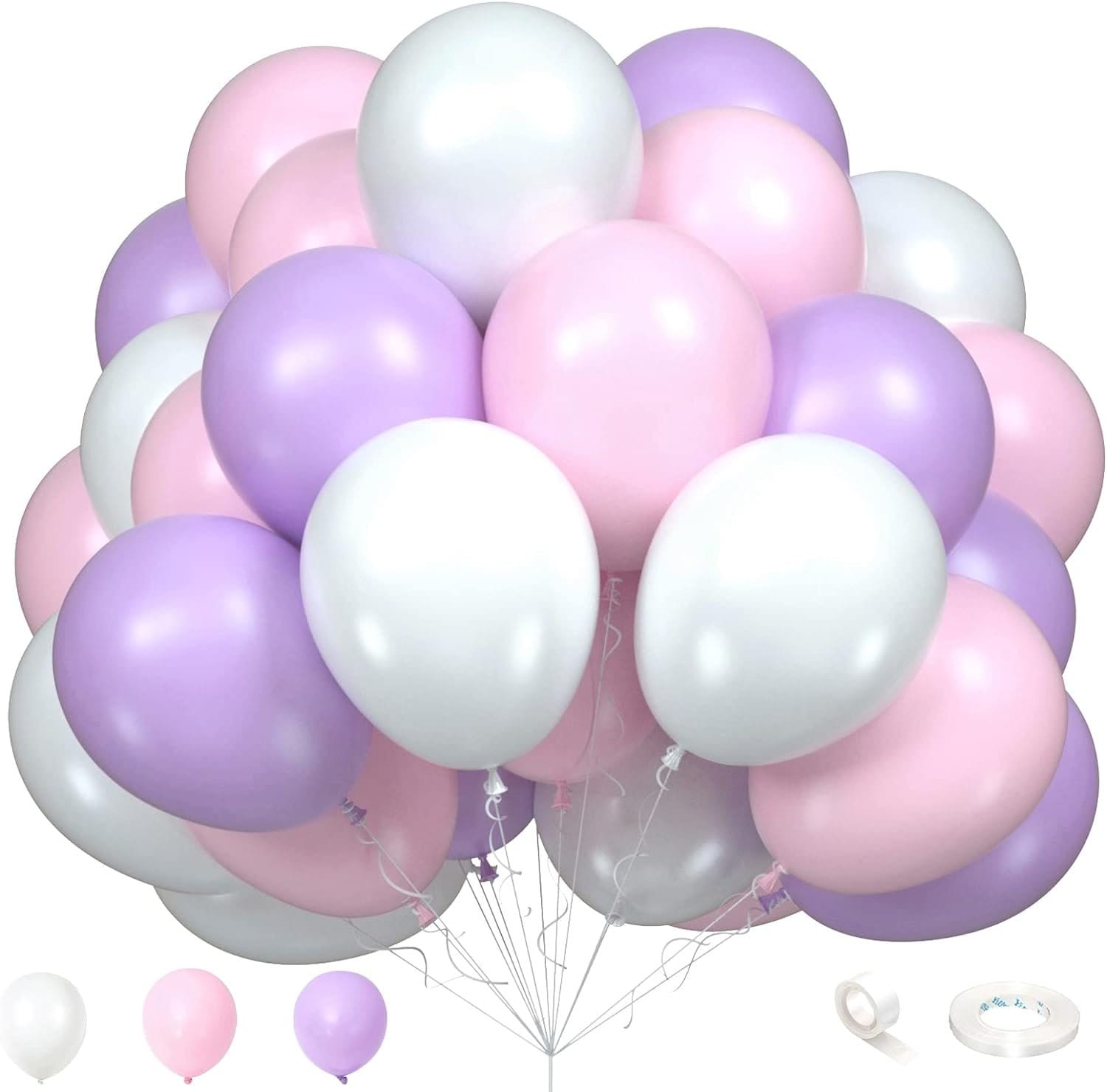 Pink & White Balloons, 12 Inch Pastel Purple Pink and Matte White Latex Helium Balloons for ...