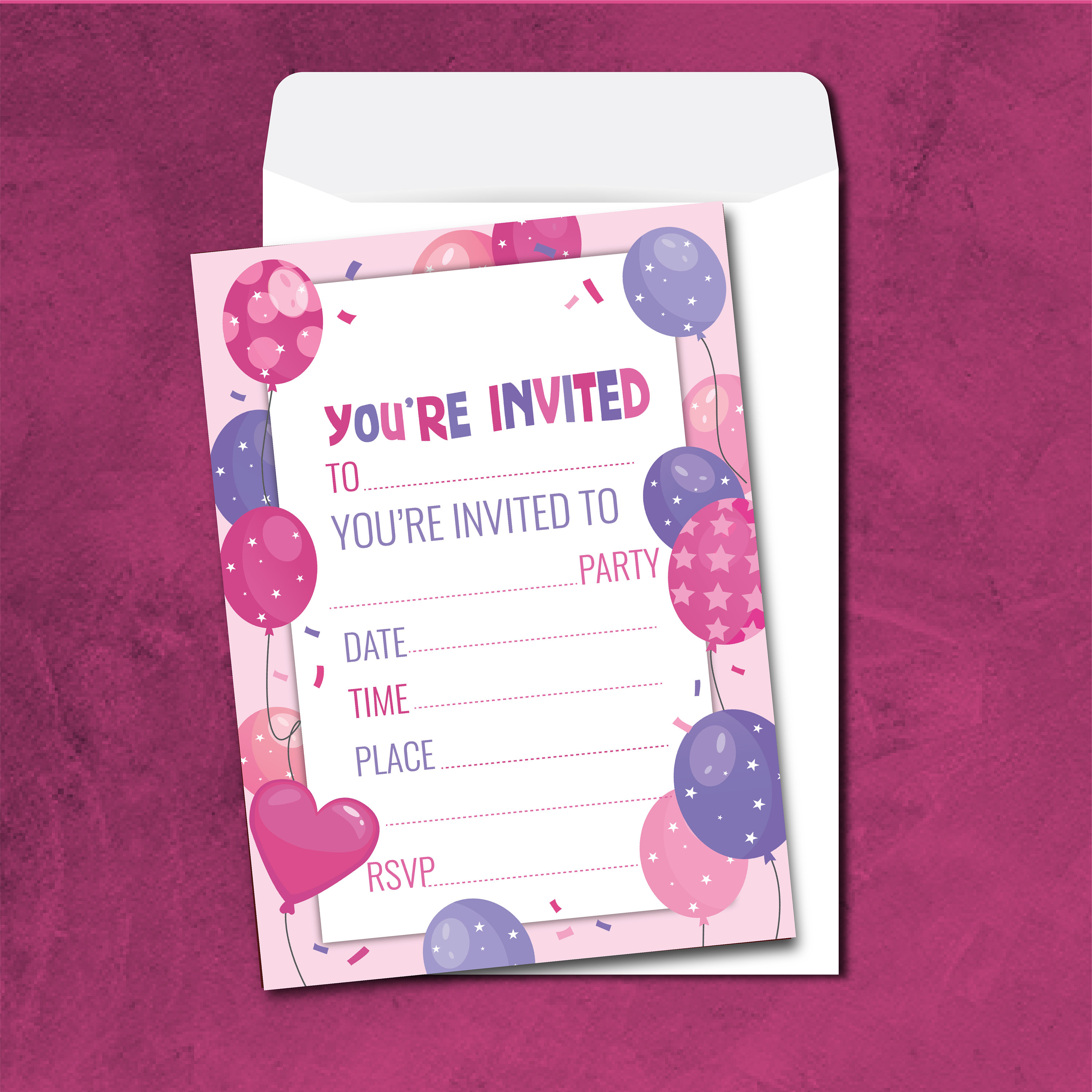 Girls Birthday Invitation Children Cards Balloon With Envelopes PINK ...