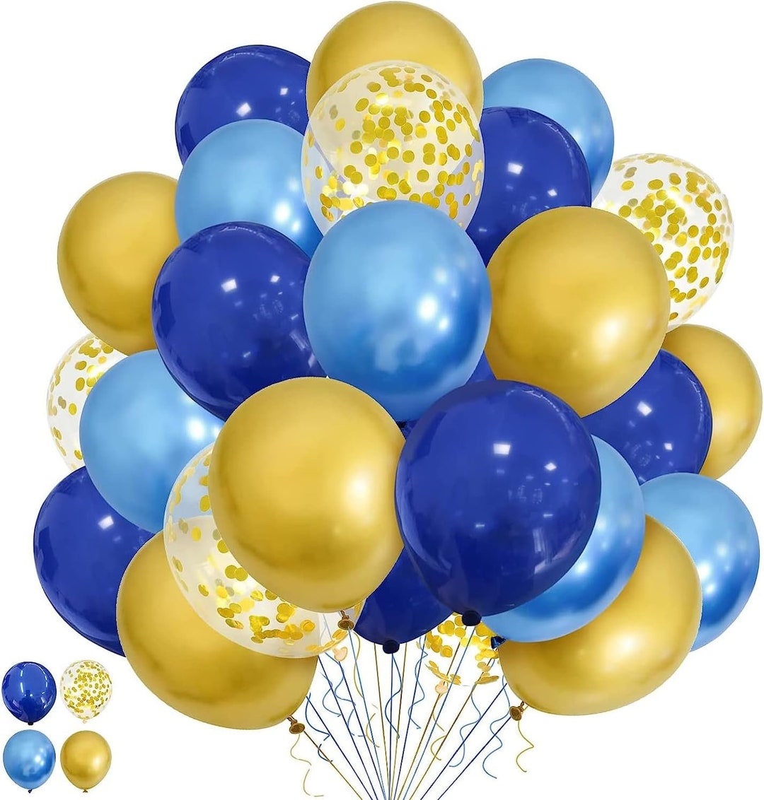 Blue & Gold Ballooons, Metallic Gold Blue and Golden Confetti Balloons ...
