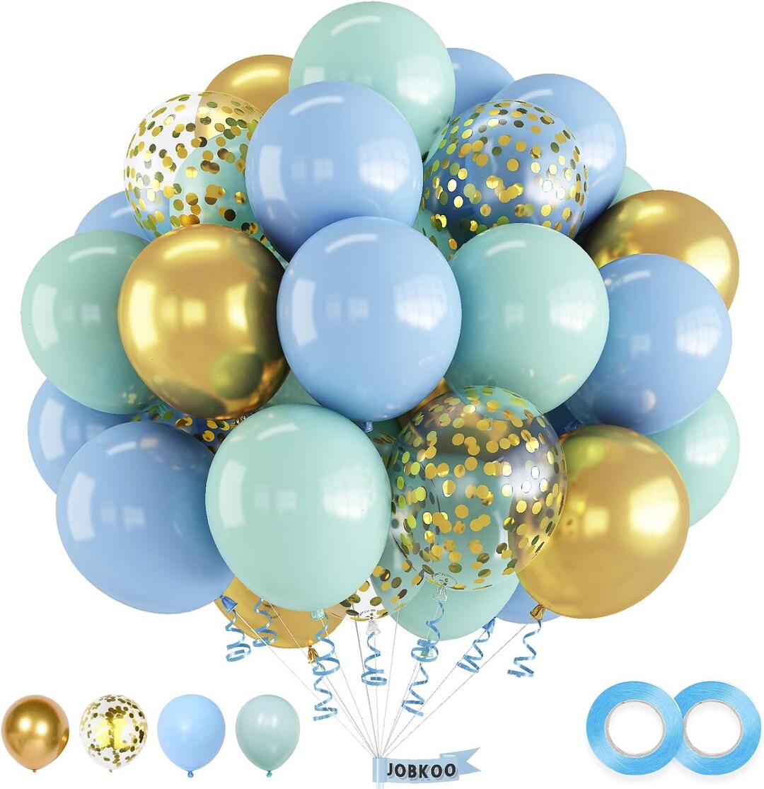 Blue and Green Balloons, Baby Blue Mint Green Balloon Set With Gold ...