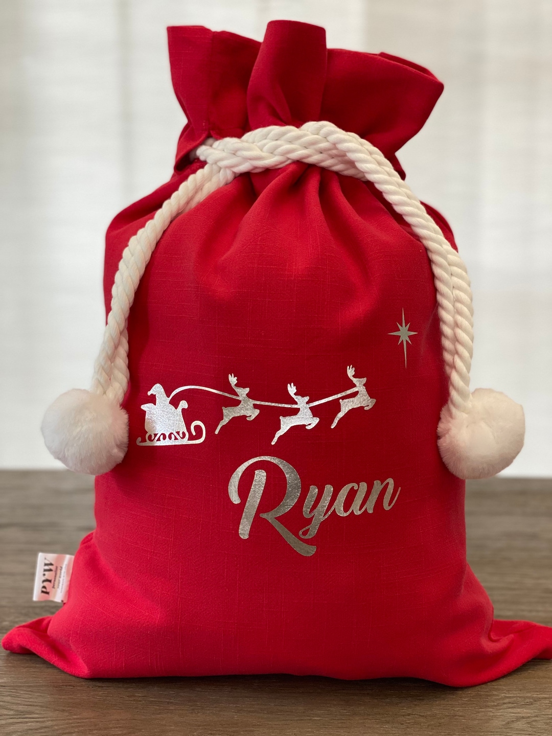 Personalized Christmas Sack: Red Linen Cotton Santa Sack With Pom Poms ...