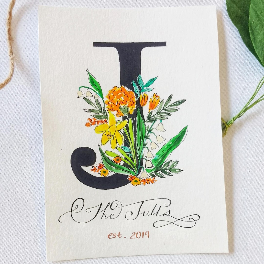 Floral Monogram Art, Birth Month Flowers, Handmade Watercolor Gift - Etsy