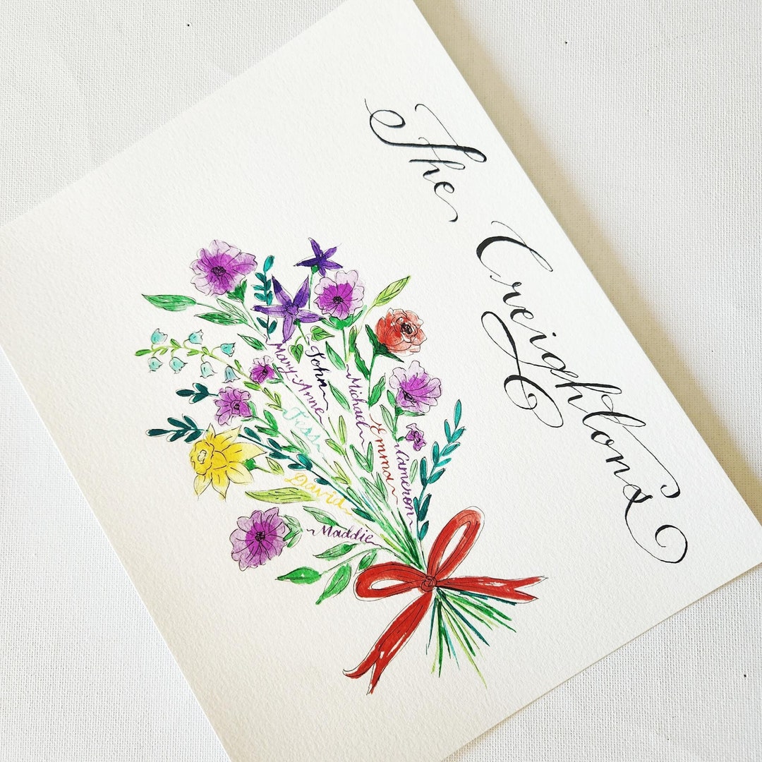 Floral Birth Month Watercolor Art, Personalized Name Bouquet, Handmade ...