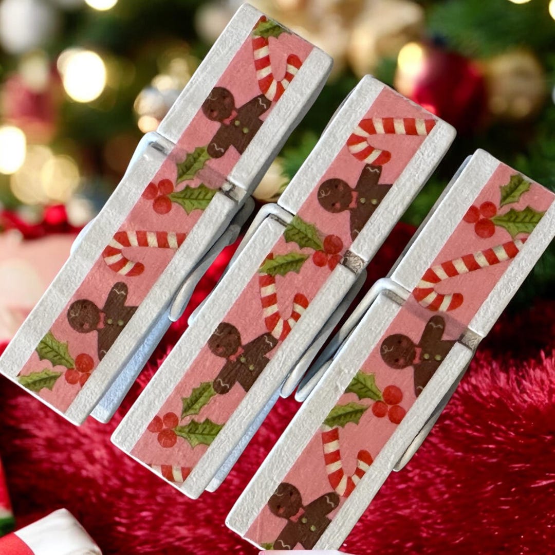 New Holiday Christmas Candy Cane Gingerbread Man Clothespin Chip Clip ...