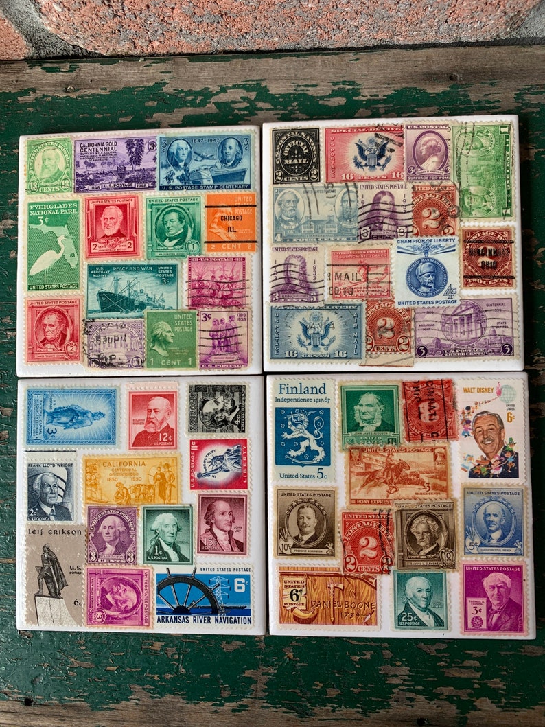 Postage Stamp Coasters With Vintage Authentic Stamps Set-4 | Etsy
