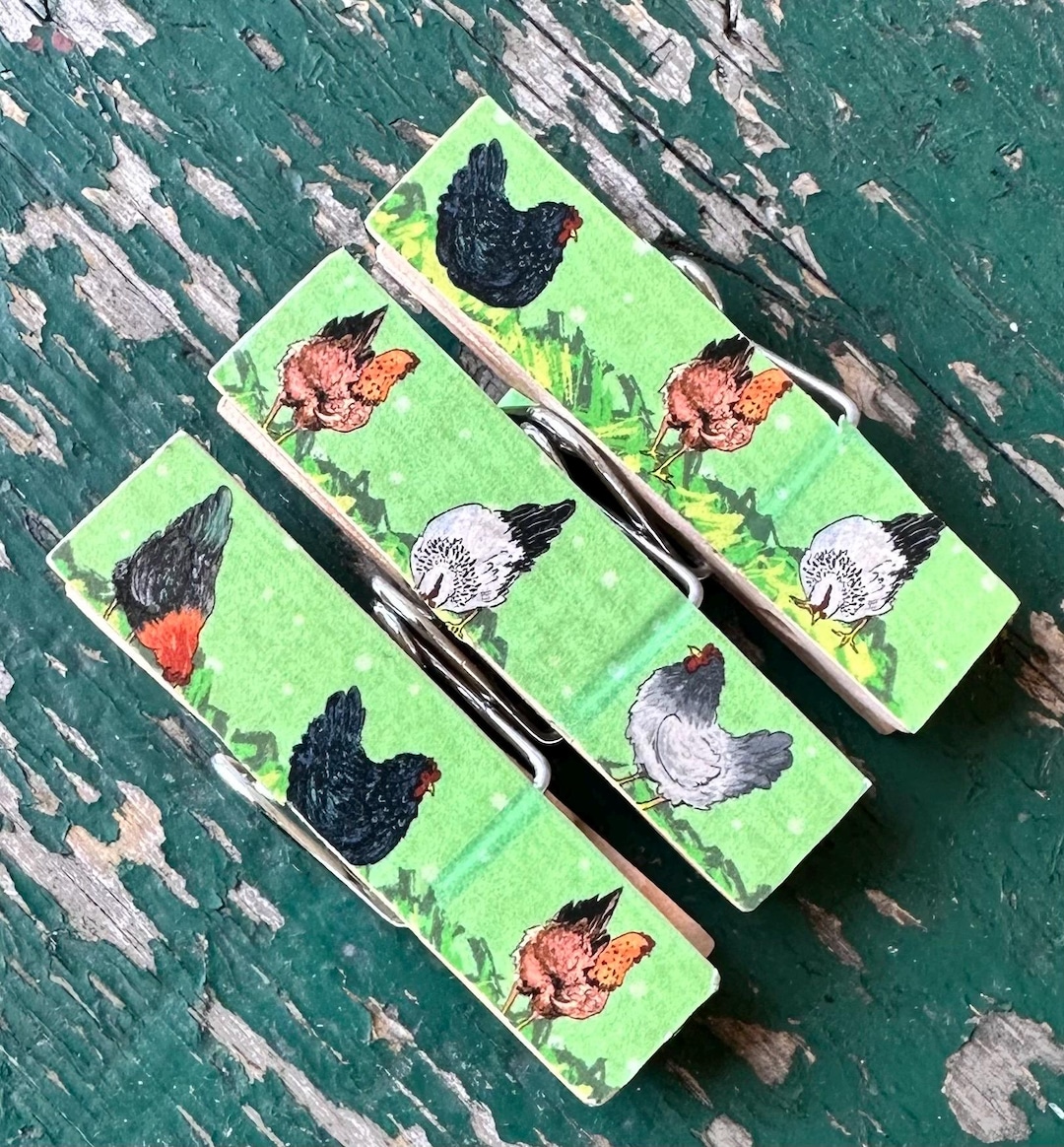 NEW Chickens Hens Chip Snack Clips Handmade Decorated Wooden Clothes ...