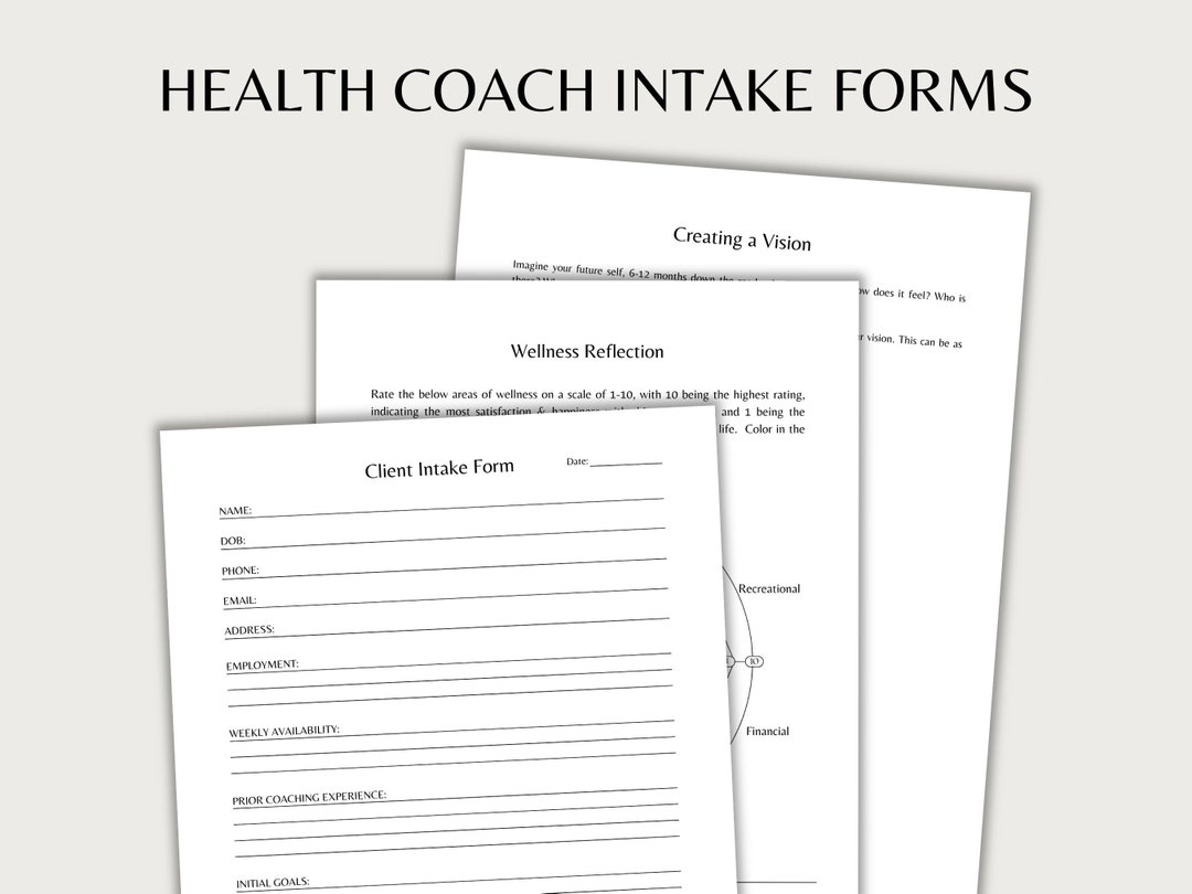 Health Coach Intake Forms - 3 Page Bundle - Wellness Reflection, Vision ...