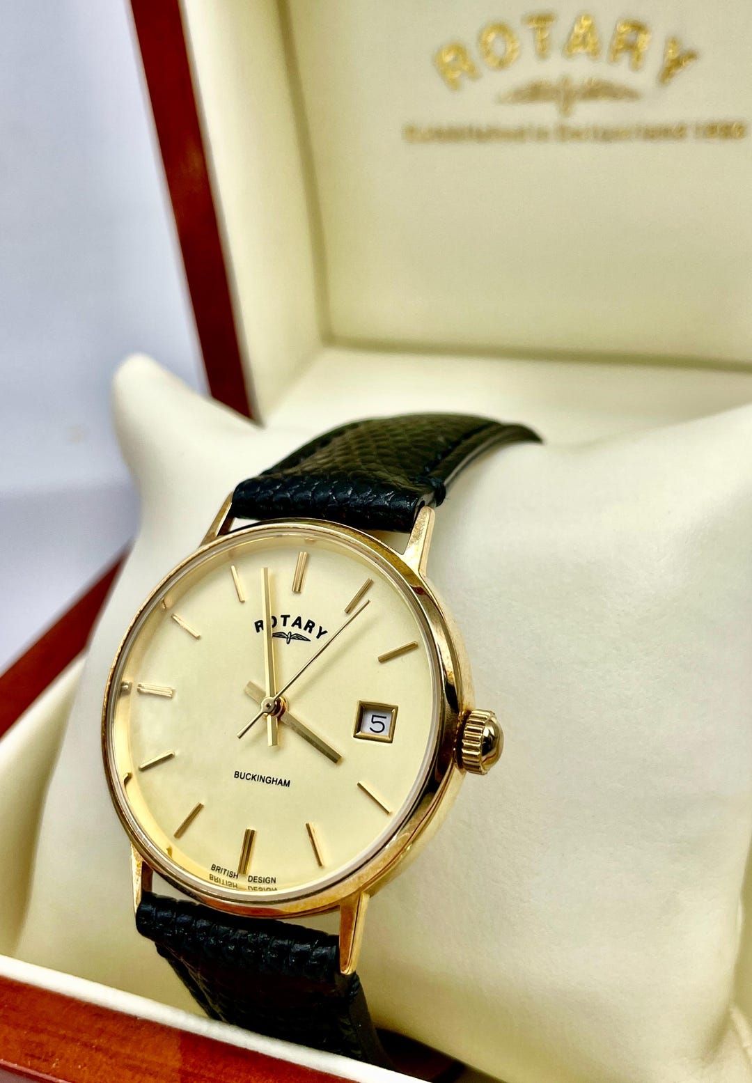 Gents 9ct Gold Rotary Watch, Quartz Movement, Orignal Black Leather ...