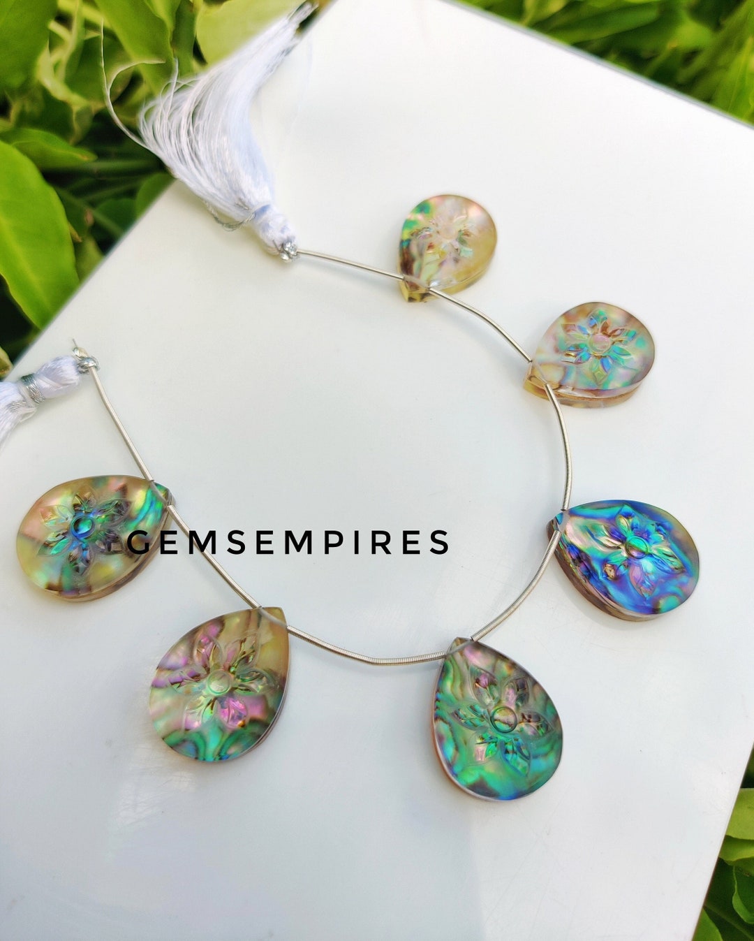 Mughal Carved Abalone Shell Gemstone Beads: Pear Shape, 22x17mm (6 ...