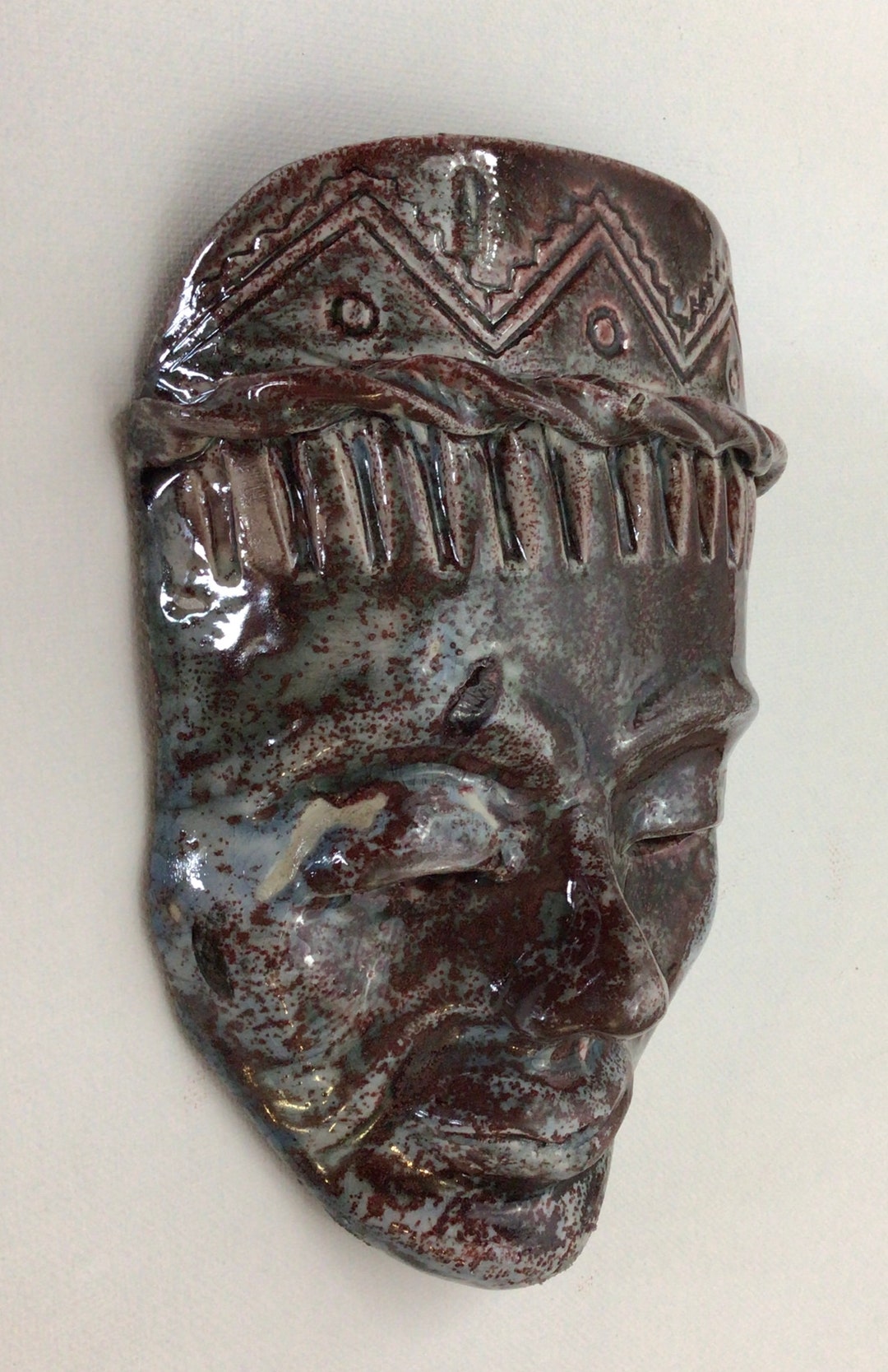 Original Ceramic Mask | Raku Fired | Deep Red | Indigo | Light Blue ...