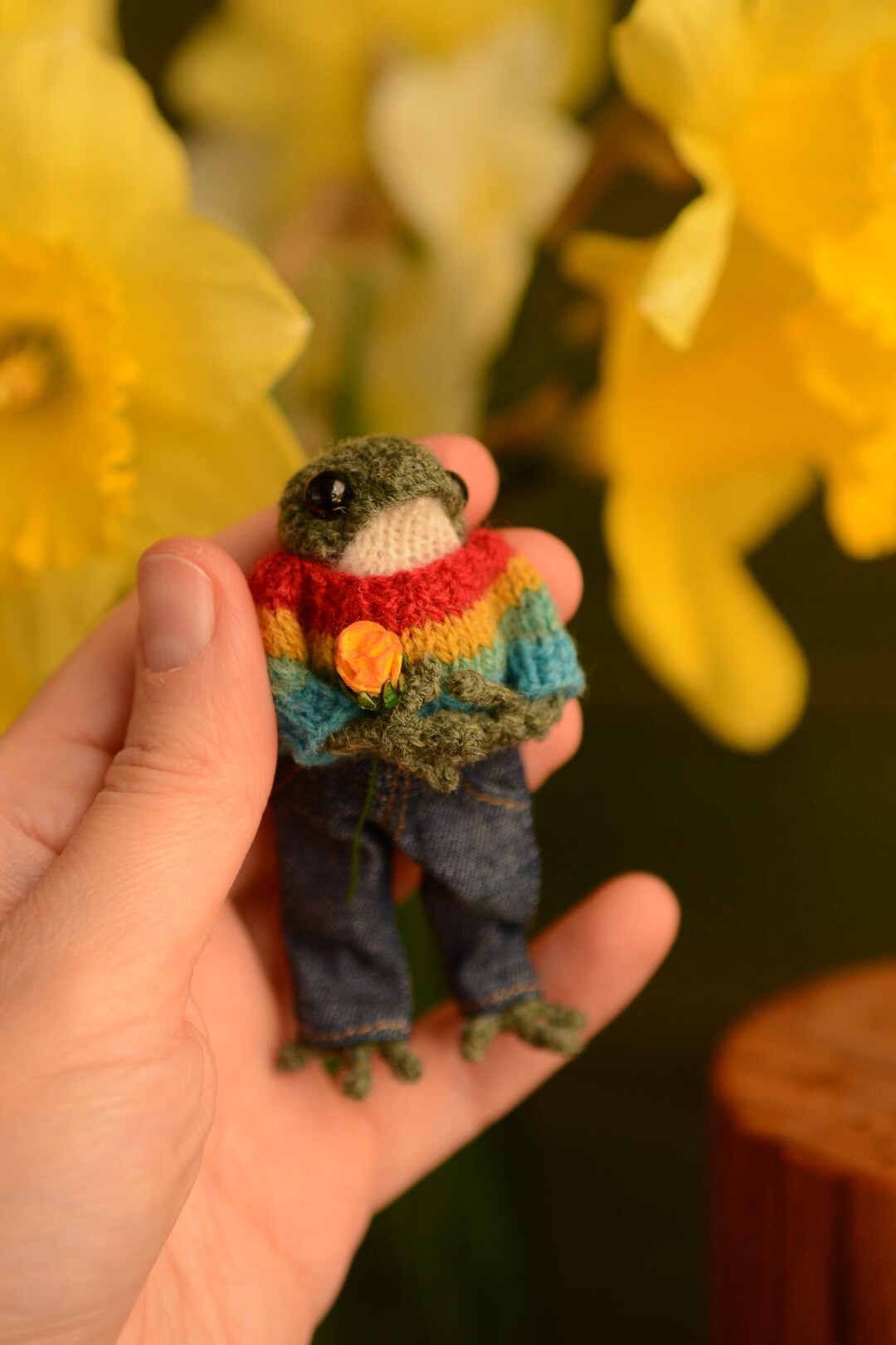 Cute Frog Soft Toy With Knit Sweater, Knitted Frog With a Rainbow ...