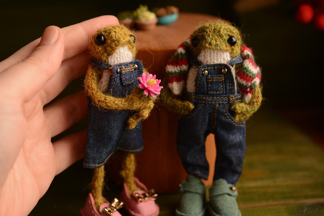 Adorable Knitted Frogs in Denim Overalls, Set of Two Knitted Frogs With ...