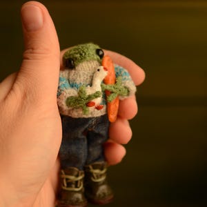 Handmade Frog Toy in Cute Jeans Outfit, Knitted Frog With a Tiny Goose ...