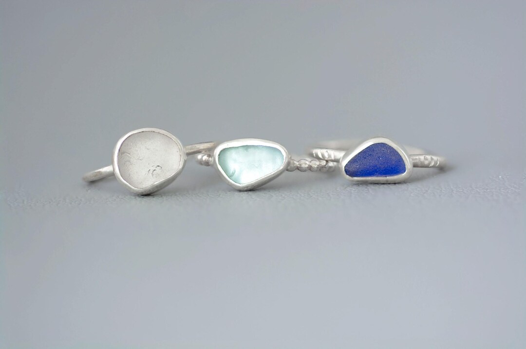 Sea Glass Stack Rings Sz 5, Dainty Handmade Sterling Silver Beach Glass ...