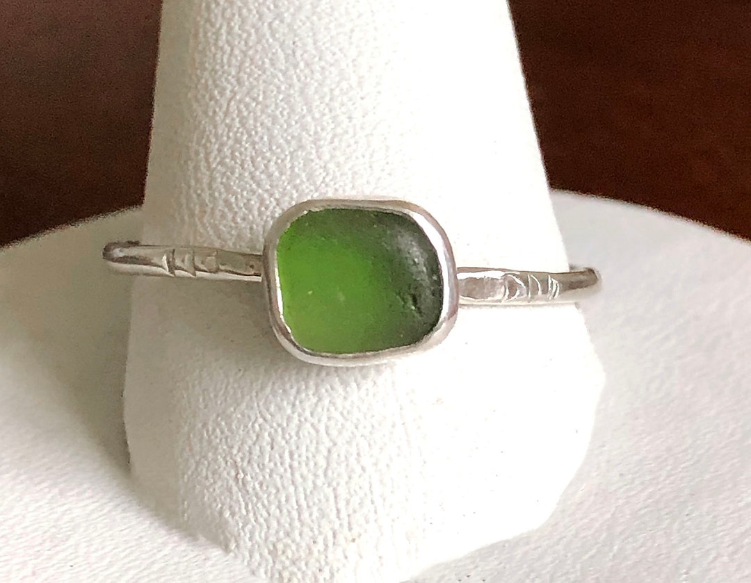 Sea Glass Silver Stack Ring Sz 9, Green Sea Glass Sterling Silver Stacking Ring, Unique Bohochic ...